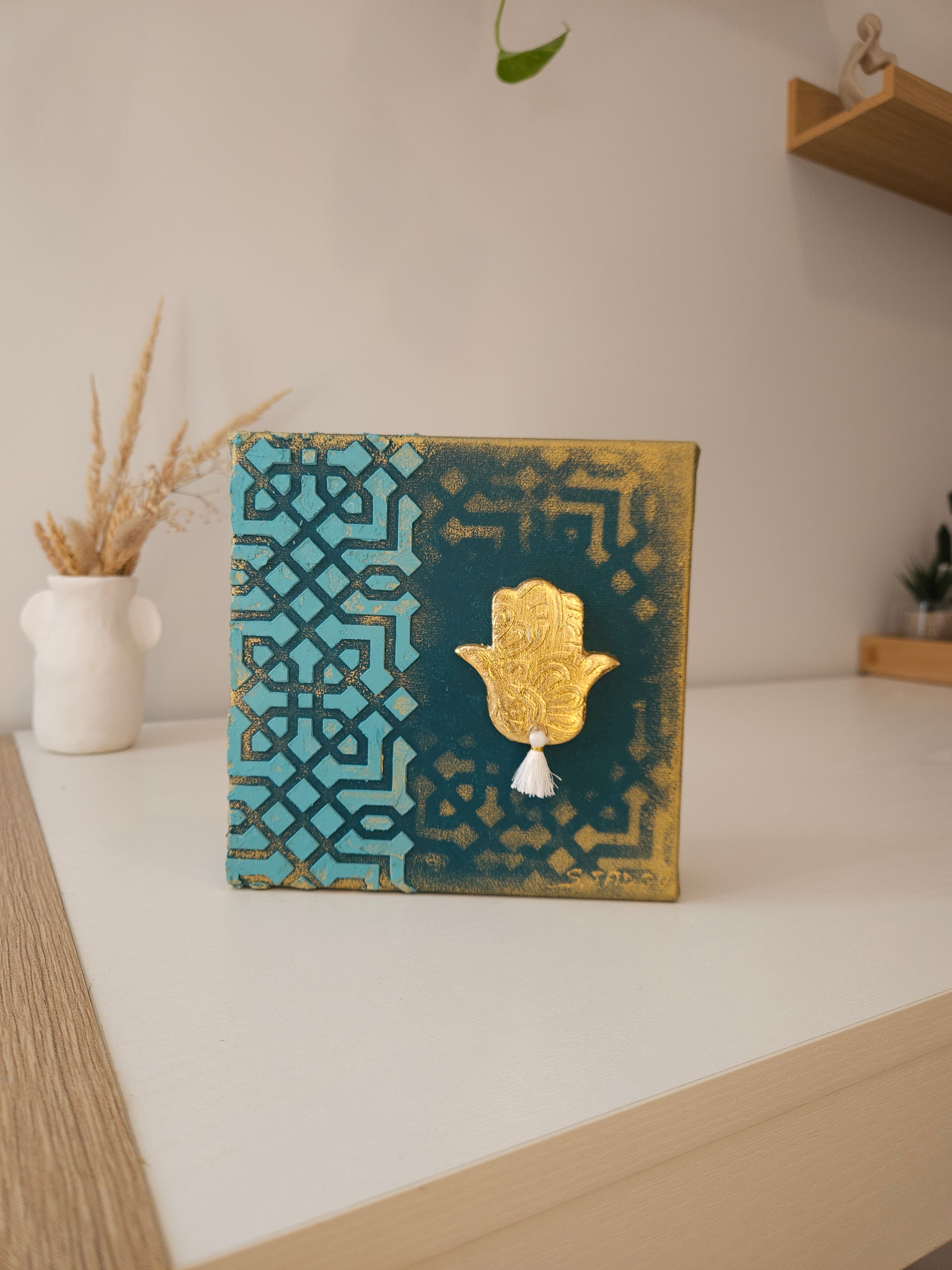 Toile décorative Hamsa Bleue et dorée 3D – Sam'Art