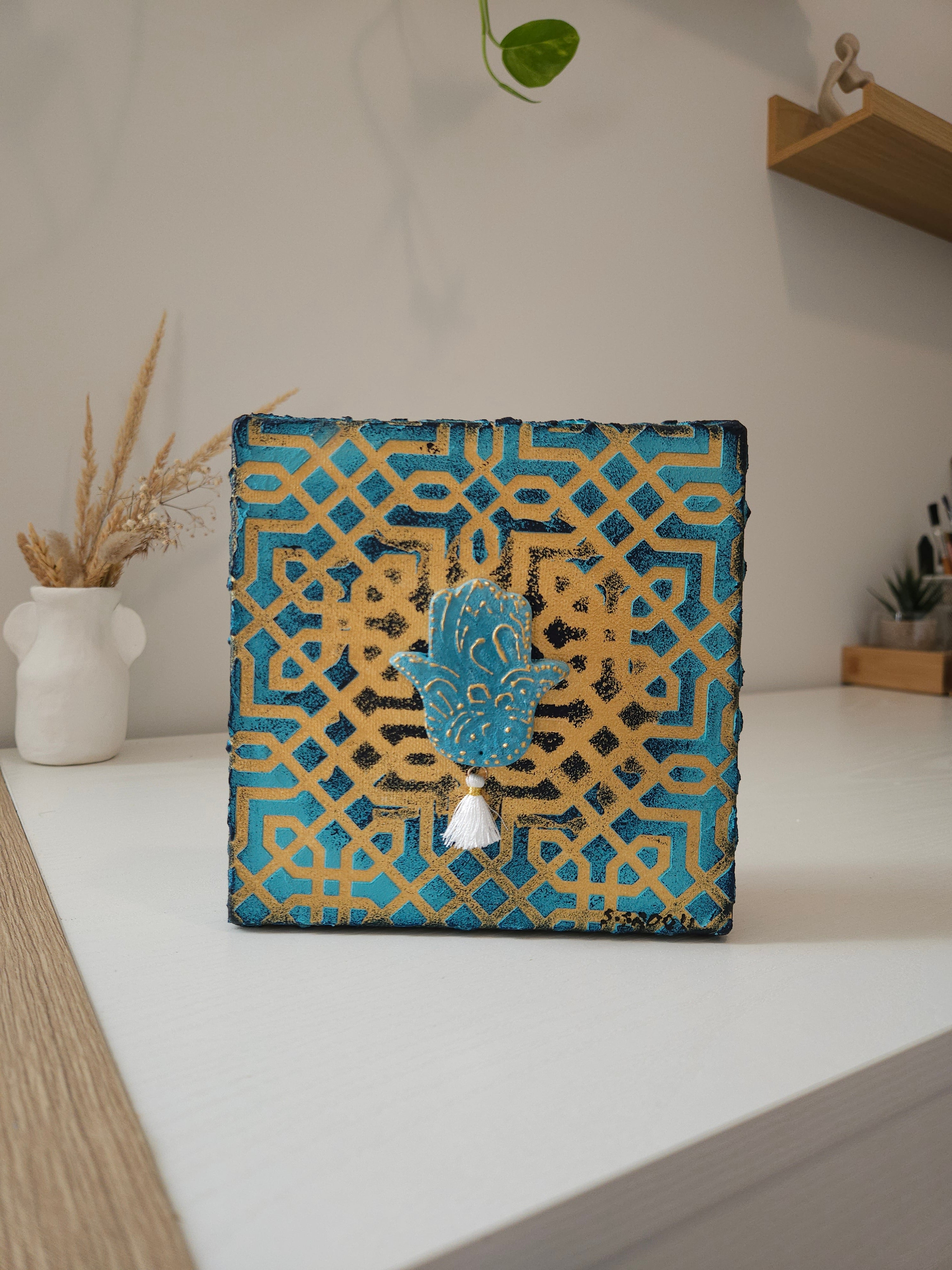 Toile décorative Hamsa Bleue et dorée 3D – Sam'Art